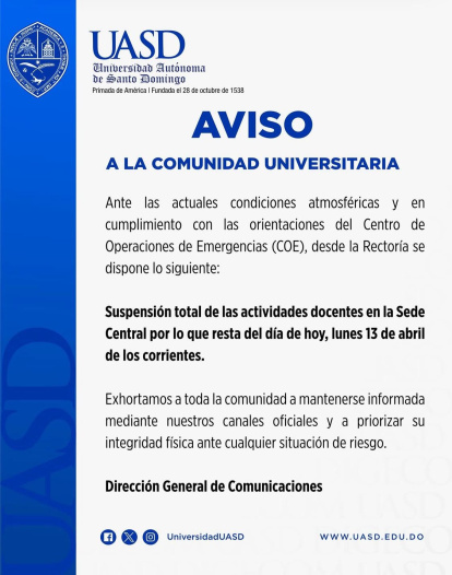 La UASD suspende clases por fuertes lluvias en Santo Domingo