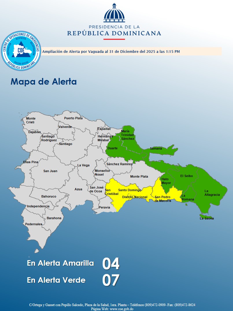 COE amplía alerta verde y amarilla en 11 provincias y el Distrito Nacional